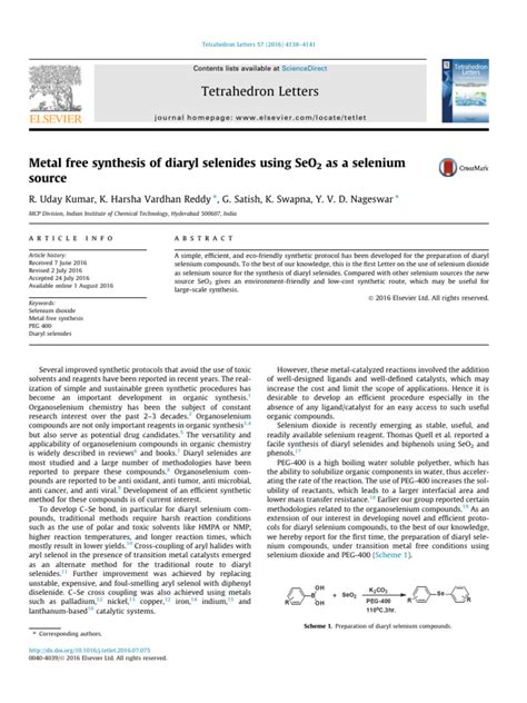 Metal Free Synthesis Of Diaryl Selenides Using Seo2 As A Selenium Pdf