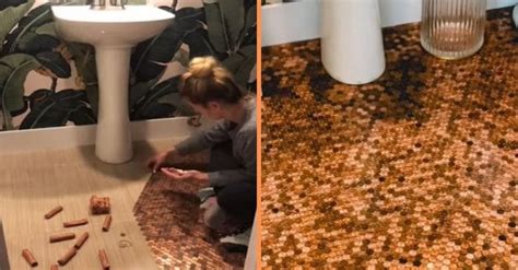 Woman Spends 16 Hours Meticulously Gluing 77 In Pennies To Bathroom Floor