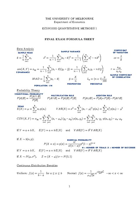 Econ10005 Final Exam Formula Sheet For Quantitative Methods 1 Studocu