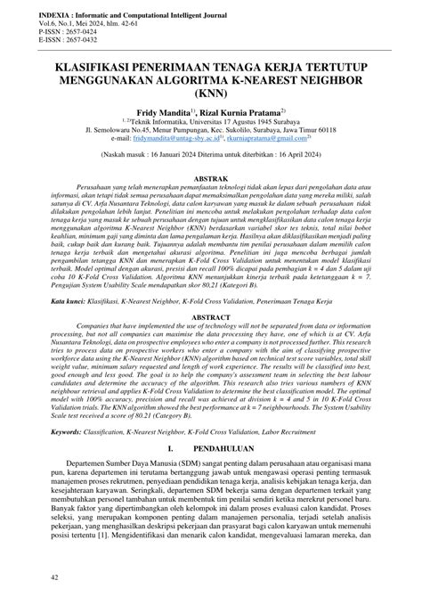 Pdf Klasifikasi Penerimaan Tenaga Kerja Tertutup Menggunakan Algoritma K Nearest Neighbor Knn