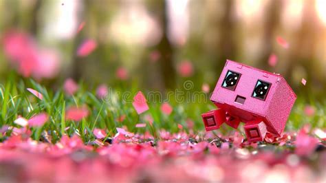 Cute Red Cube Creature In A Field Of Pink Petals Bokeh Blur Stock