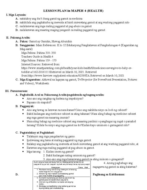 Lesson Plan In Mapeh 4 Lesson Plan In Mapeh 4 Health I Mga Layunin