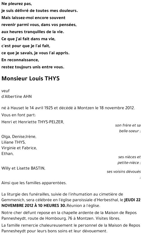 Avis De Décès De Louis Thys Décédé Le 18 11 2012 à Montzen Annonce Condoléances Fleurs Etc