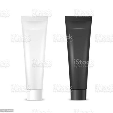 벡터 3d 현실적인 플라스틱 금속 흰색과 검은 치아 페이스트 흰색 배경에 고립 된 크림 튜브 포장 치약 화장품 크림 칫솔질용 치아 페이스트 의 디자인 템플릿 전면 보기 3