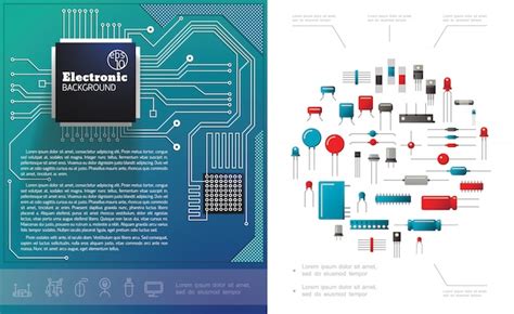 Flat Electronic Components Composition With Electric Circuit Board Microchips Diodes Capacitors