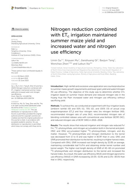 (PDF) Nitrogen reduction combined with ETc irrigation maintained summer maize yield and ...