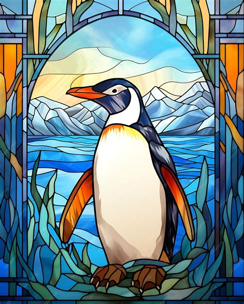 Penguin Stained Glass Seamless Illustration Premium Ai Generated Image