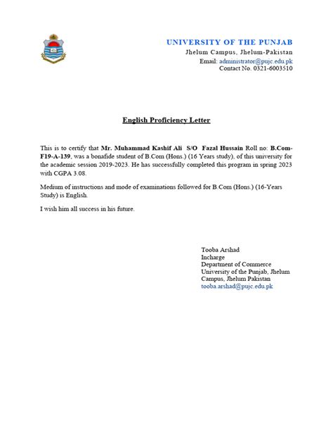 English Proficiency Letter Pdf