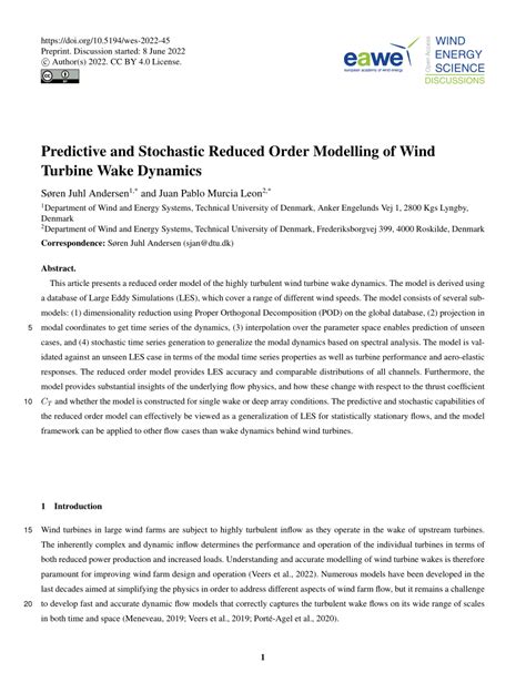 Pdf Predictive And Stochastic Reduced Order Modelling Of Wind Turbine Wake Dynamics