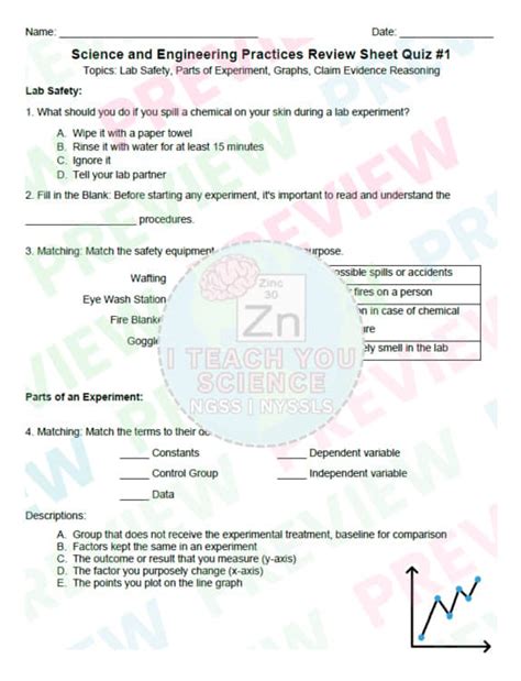 Safety Cer Experiments Review Sheet And Full Quiz Ngss Middle School Science