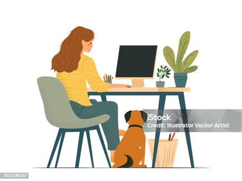 강아지와 함께 책상에 앉아 컴퓨터 작업을 하는 여자 전신 흰색 배경에 고립되어 있습니다 간단한 평면 벡터 그림 책상에 대한 스톡 벡터 아트 및 기타 이미지 Istock