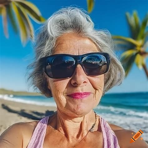 Middle Aged Woman With Long Gray Hair And Sunglasses At The Beach On