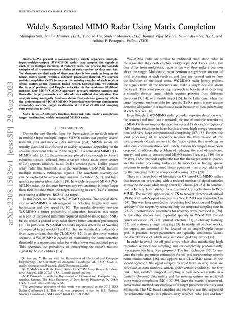 Pdf Widely Separated Mimo Radar Using Matrix Completion