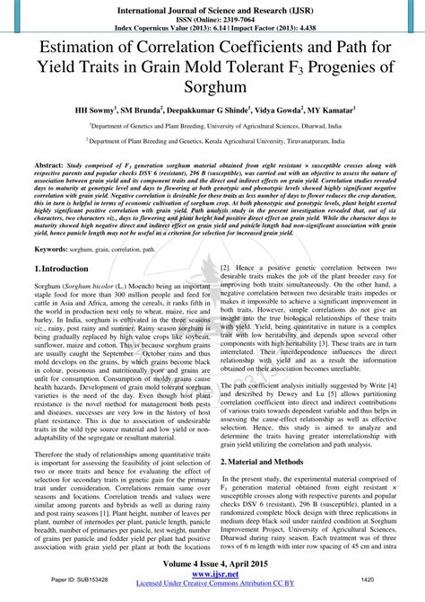 Pdf Estimation Of Correlation Coefficients And Path For Yield Traits In Grain Mold Tolerant F