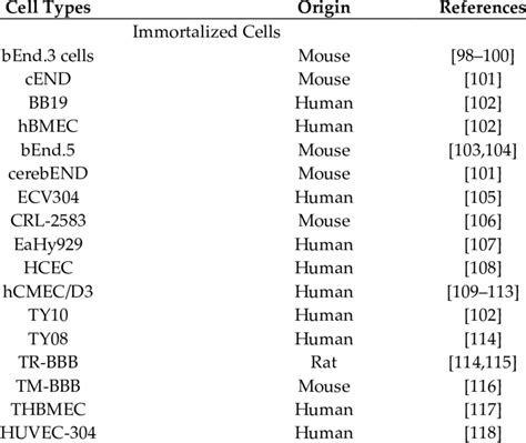 Endothelial Cells Used In In Vitro Bbb Models And Their Source