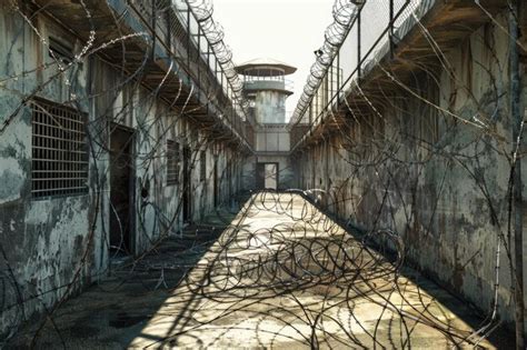 Prison Yard With High Walls And Razorwire Fences Symbolizing Security