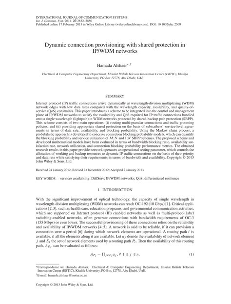 Pdf Dynamic Connection Provisioning With Shared Protection In Ipwdm Networks
