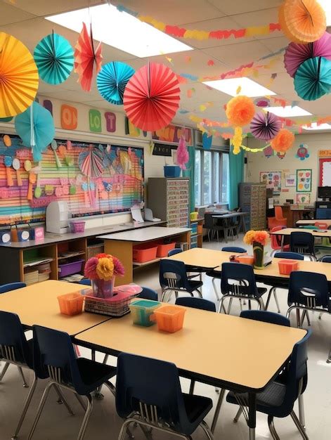 Premium Ai Image A Classroom With A Rainbow Paper Hanging From The Ceiling