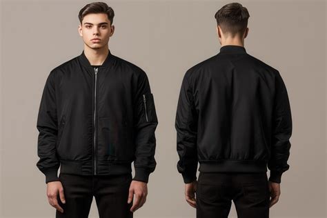 Man In Black Bomber Jacket Front And Back View Mockup For Design And Fashion Premium Ai
