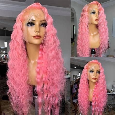 Qmssr Pink Lace Front Wigs Synthetic Long Wavy Hair