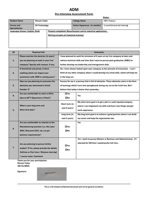Pre Interview Assessment Campus Hires Form Filled Pdf Cognition