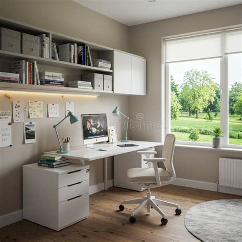 A Modern Home Office With A Large Window View Of A Grassy Park Stock Illustration Illustration