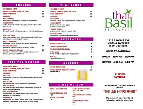 Menu At Thai Basil Restaurant Visalia