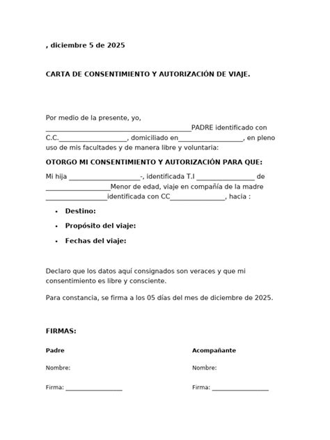 Carta De Consentimiento Para Viaje Menor Pdf