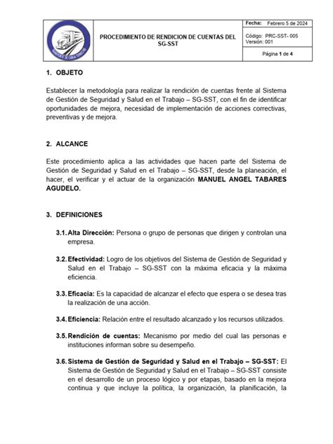 Prc Sst 005 Procedimiento De Rendición De Cuentas Del Sg Sst Pdf