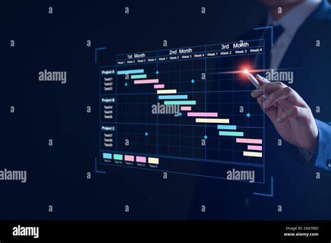 project manager working on virtual screen and updating tasks and