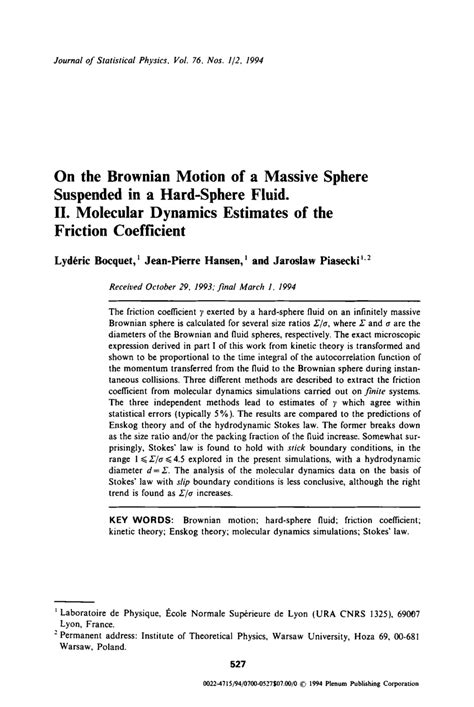 Pdf On The Brownian Motion Of A Massive Sphere Suspended In A Hard
