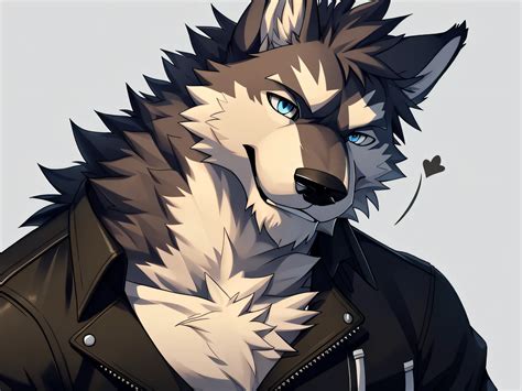 Anime Style Image Of A Wolf With Blue Eyes And A Leather Jacket