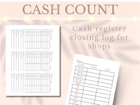 Cash Count Sheet Printable Cash Register Log Till Balance Cash