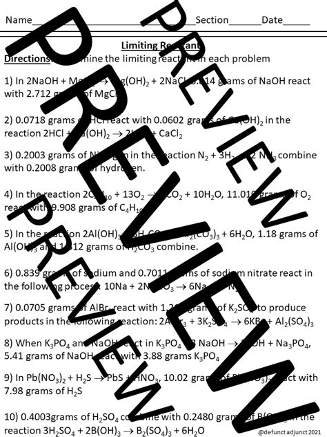 limiting reactant stoichiometry a chemistry worksheet made by teachers