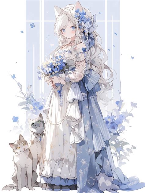 Premium Photo Anime Girl In A Blue Dress With A Cat And Flowers