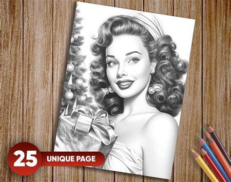 25 Christmas Vintage Girls Christmas Pinup Girls Grayscale Coloring