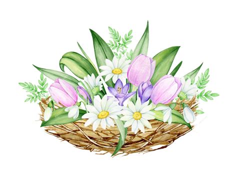 A Bouquet Of Flowers From Daisies Tulips Snowdrops Crocuses In The