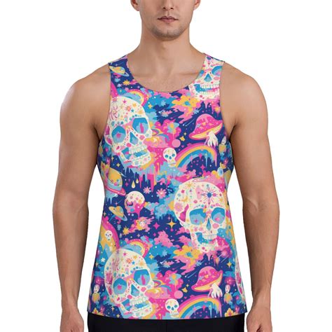 Cauagu Skull Rainbow Color Space Print Mens Sleeveless Muscle Shirts