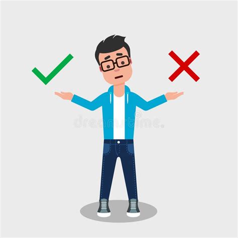 Right Or Wrong Choice Young Man In Jeans And Sweatshirt Making Decision Between Right And