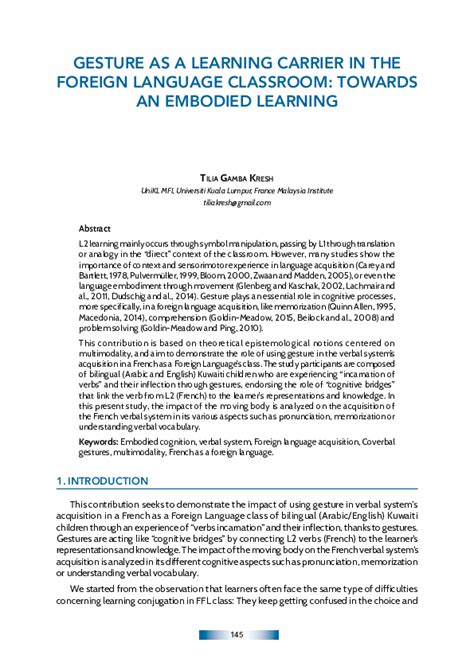 Pdf Gesture As A Learning Carrier In The Foreign Language Classroom Towards An Embodied
