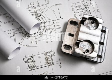 Metal Part Lying On Engineering Drawing With Rolled Blueprints