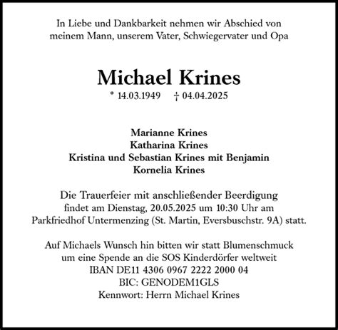 Traueranzeigen Von Michael Krines Sz Gedenken De