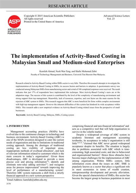 pdf the implementation of activity based costing in malaysian small