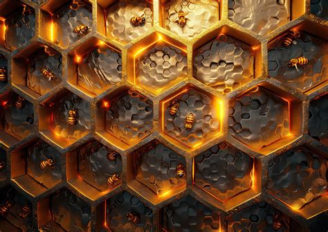 A Close Up View Of Honeycomb Structure With Bees Highlighting Natures