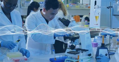 Scientists Conducting Research In Lab With Animated Data Overlays On