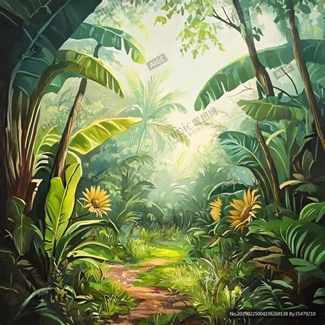 Ai创作图雨林插画 热带丛林小道 手绘热雨林 热带雨林手绘 丛林大场景 热带雨林花草树木背景 丛林插画 手绘热带雨林 热带雨林小路 丛林风景画 丛林的早晨 丛林早晨 丛林晨光 丛林场景 漫步