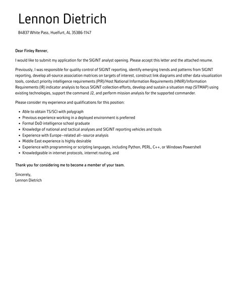 Sigint Analyst Cover Letter Velvet Jobs
