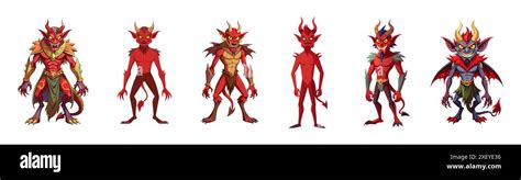 Set Of Cartoon Devil Characters With Glowing Eyes Isolated On White