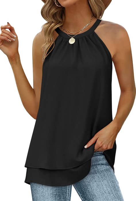 Weeso Womens Halter Tank Tops Summer High Neck Double Layers Sleeveless