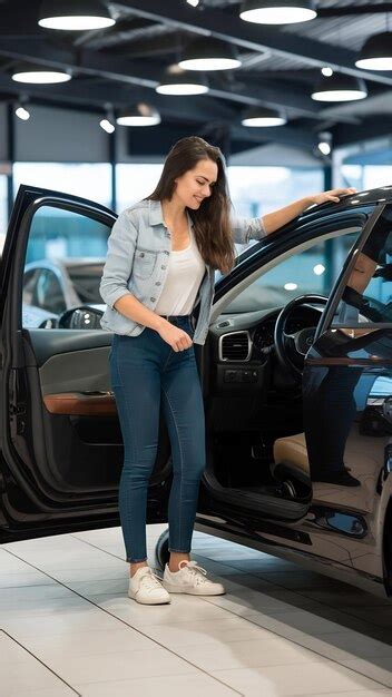 Young Woman Testing A Car In A Car Showroom Premium Ai Generated Image